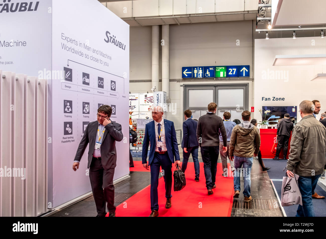 HANNOVER / GERMANY - APRIL 02 2019 : Staubli is presenting the newest ...