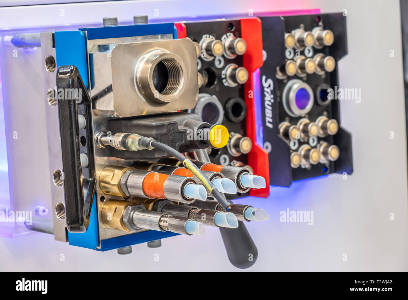 HANNOVER / GERMANY - APRIL 02 2019 : Staubli is presenting the newest ...