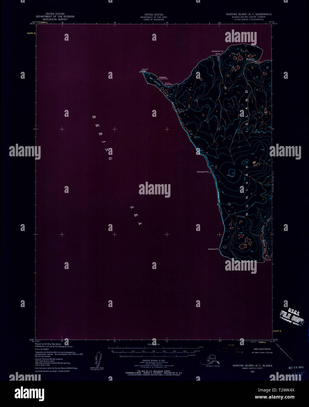 USGS TOPO Map Alaska AK Nunivak Island A-7 358194 1952 63360 Inverted ...