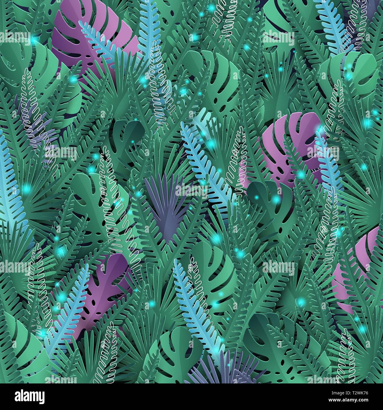 Vector background with tropical leaves in magic colors with light ...