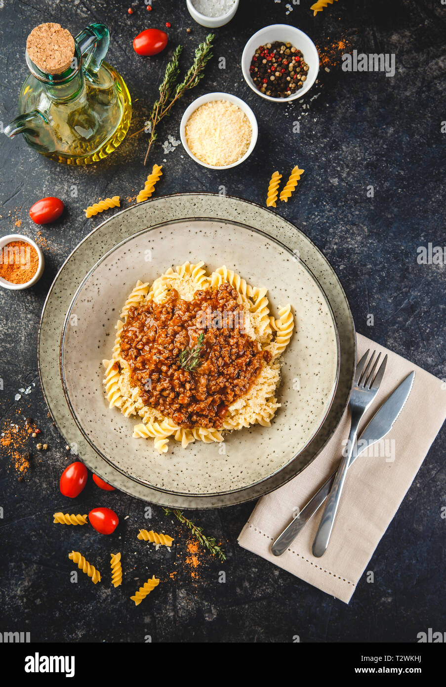 Pasta fusilli with bolognese tomato beef sauce. Traditional italian ...