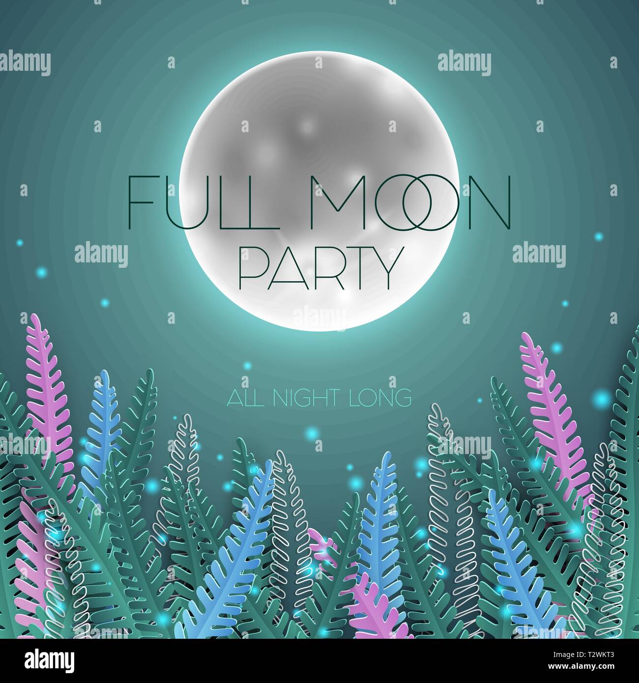Full moon party poster with magic leaves and fireflies Stock Vector ...
