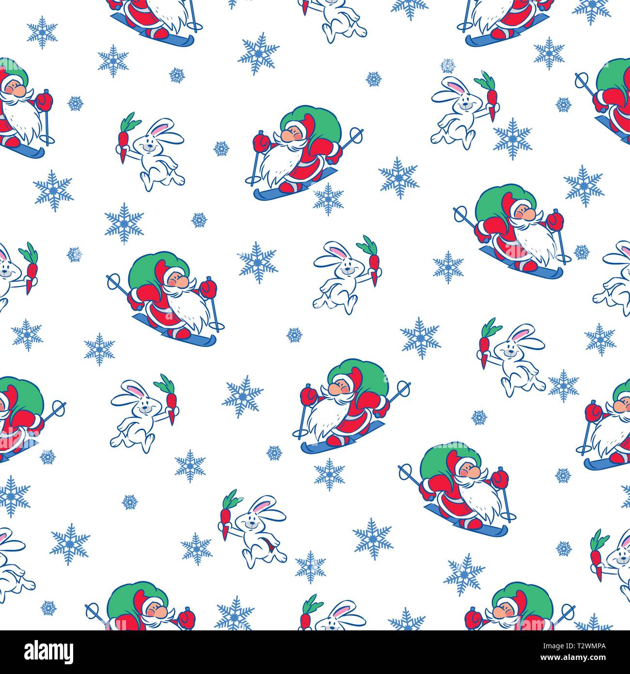 Vector seamless pattern with Christmas motif, Santa Claus on skis and ...