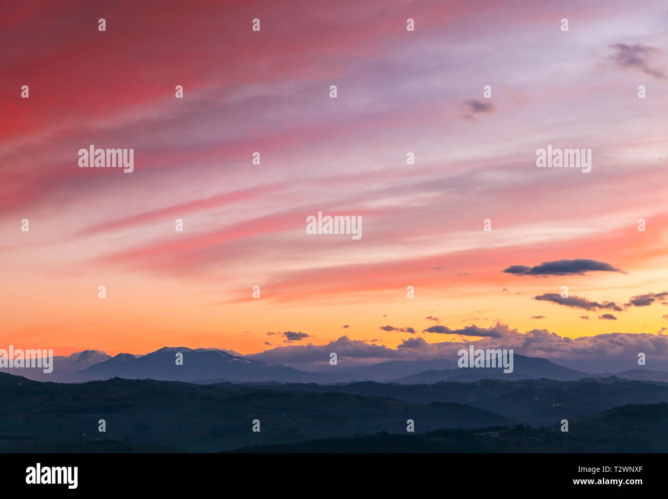Colorful morning sky background. Province of Fermo, Italy Stock Photo ...