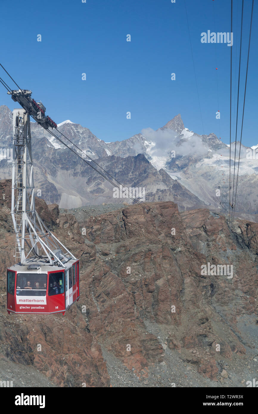 Upper Valais, the cable car near the summit of Klien Matterhorn Stock ...