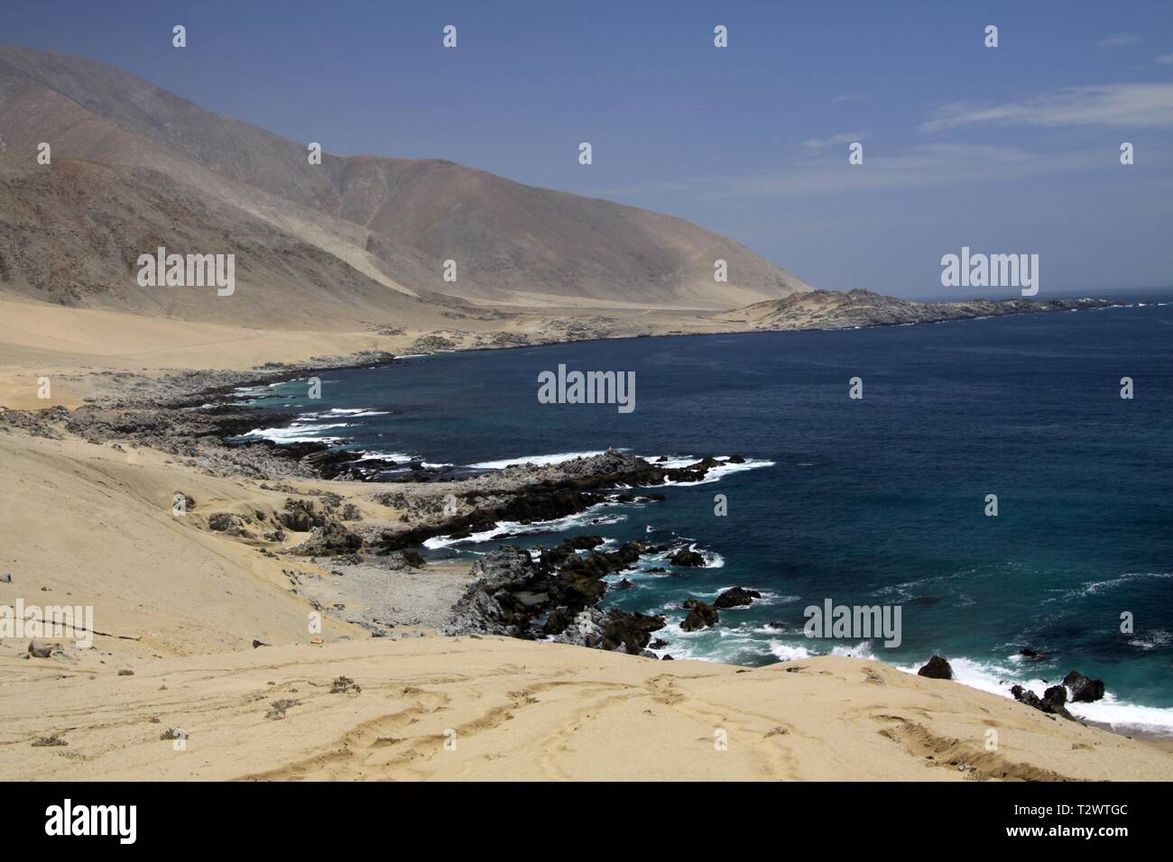 View on deserted isolated bay at endless uninhabited rugged pacific ...