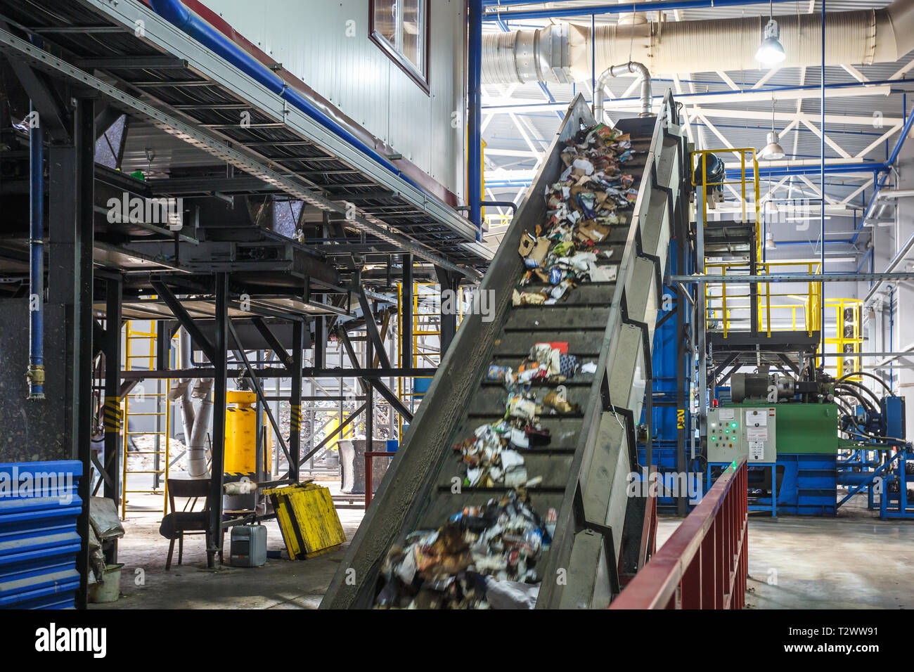 moving conveyor transporter on Modern waste recycling processing plant ...