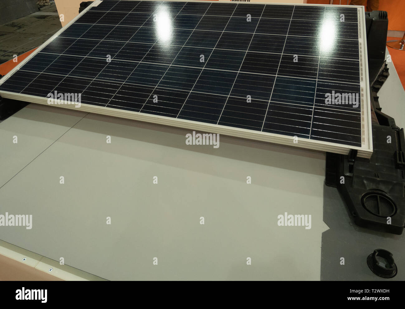 solar panel showcase at diy hardware store. energy saving equipment for ...