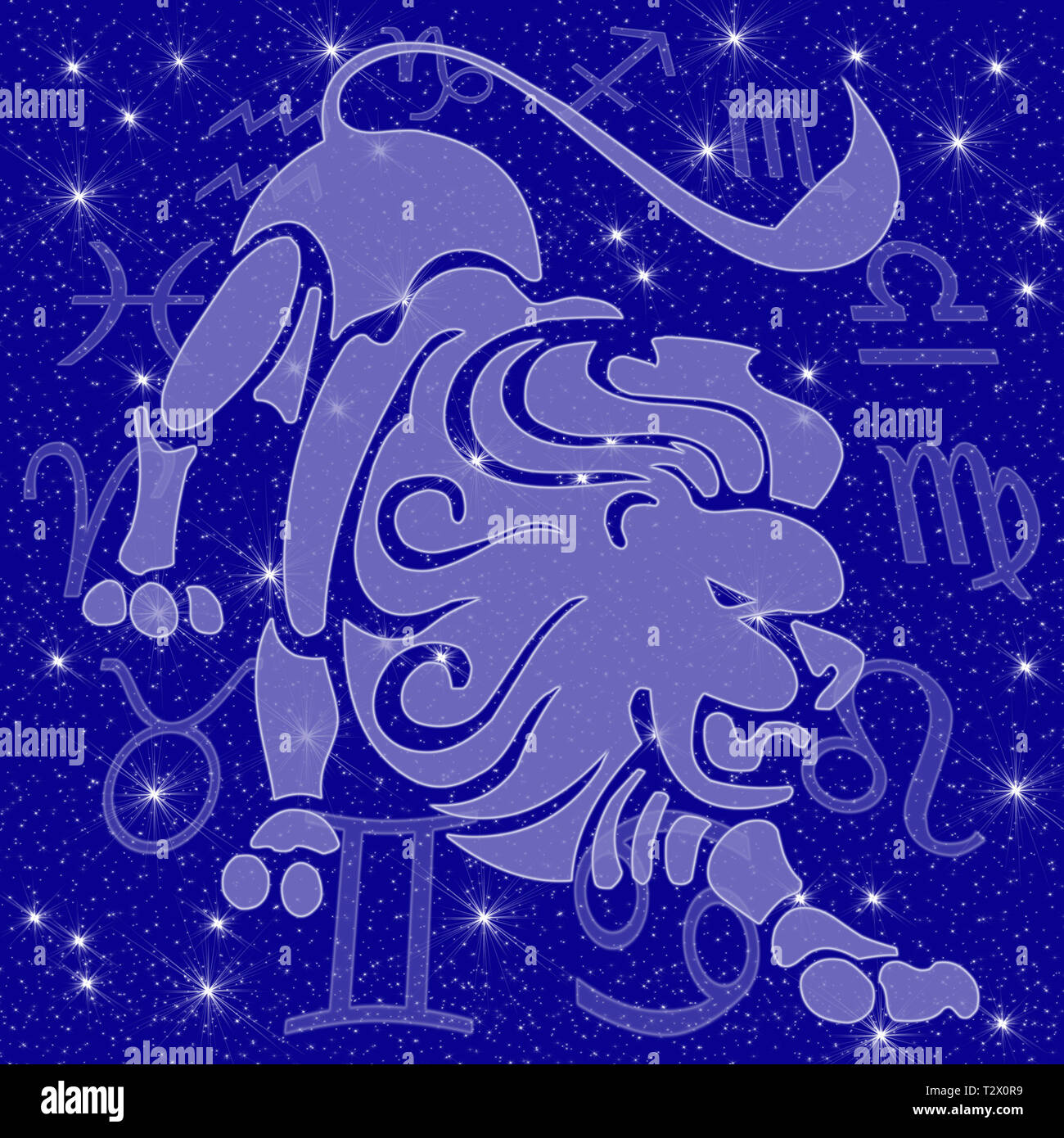 Zodiac sign with star image as relief in front of a dark blue starry ...