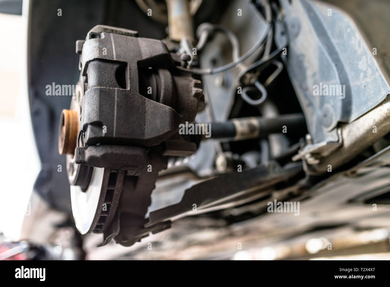 Front brake discs with caliper and brake pads in the car, on a car lift ...