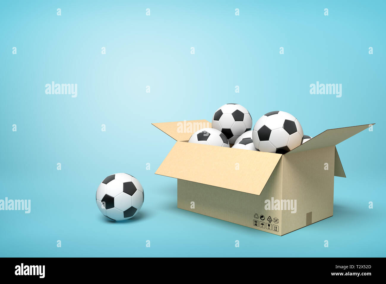 3d rendering of cardboard box full of footballs and one football beside ...