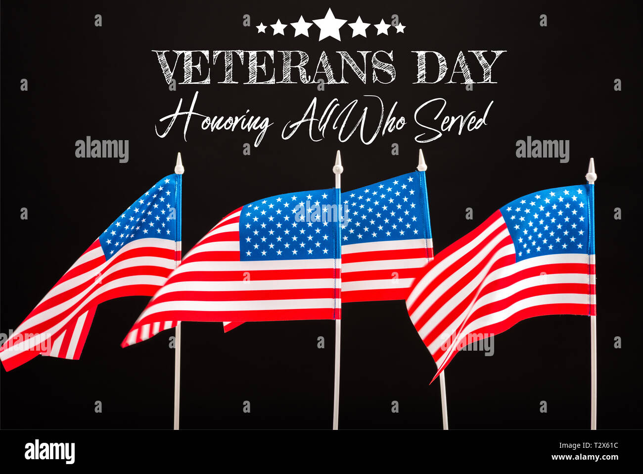 american flags with veterans day lettering isolated on black Stock ...