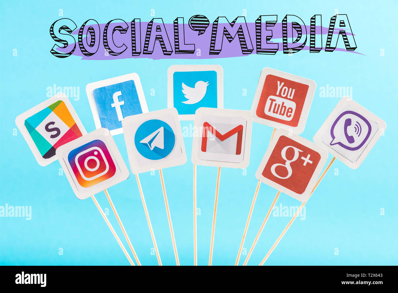 social media lettering and icons isolated on blue Stock Photo - Alamy