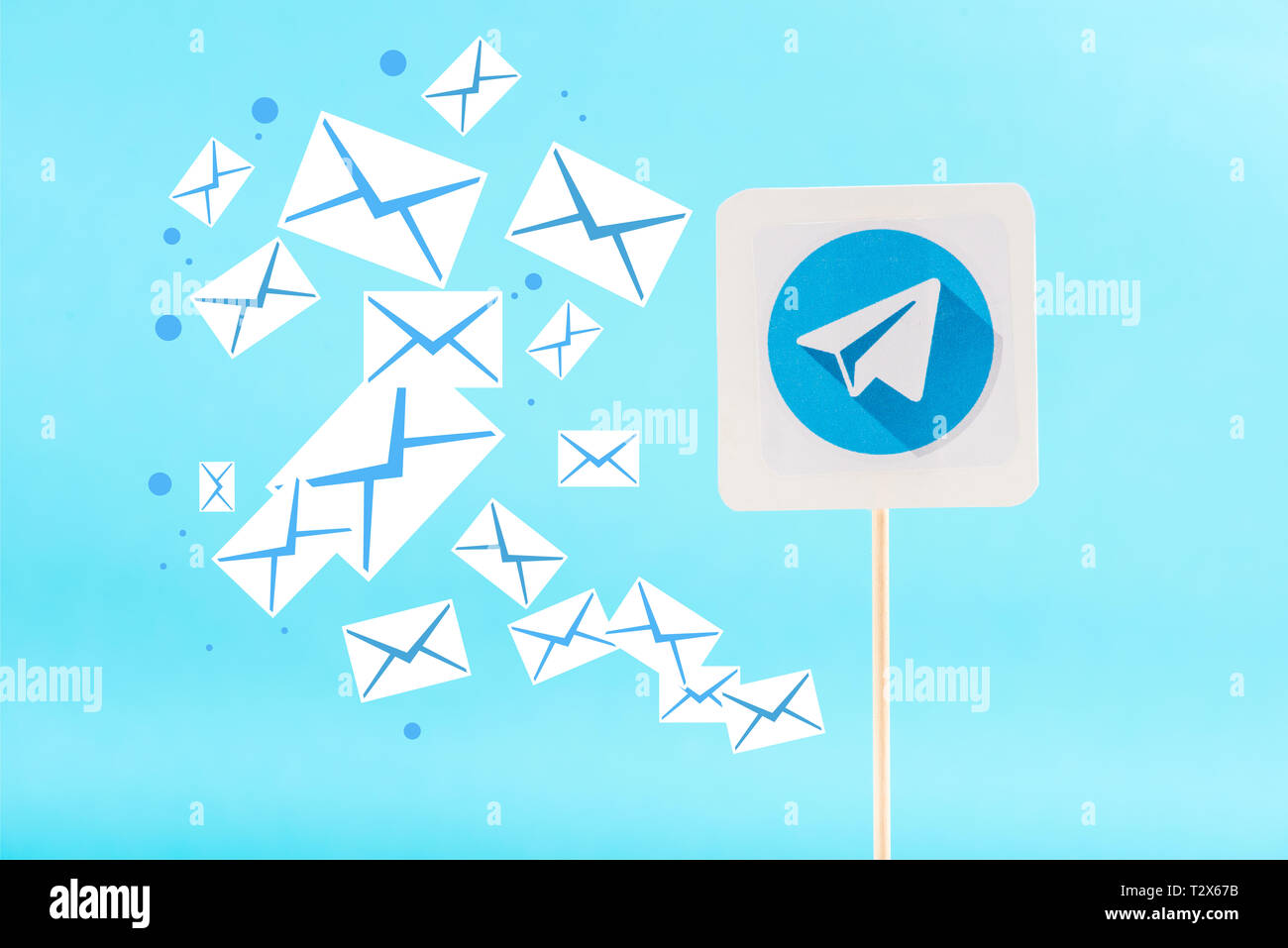 card with telegram logo and e-mail icons isolated on blue Stock Photo ...