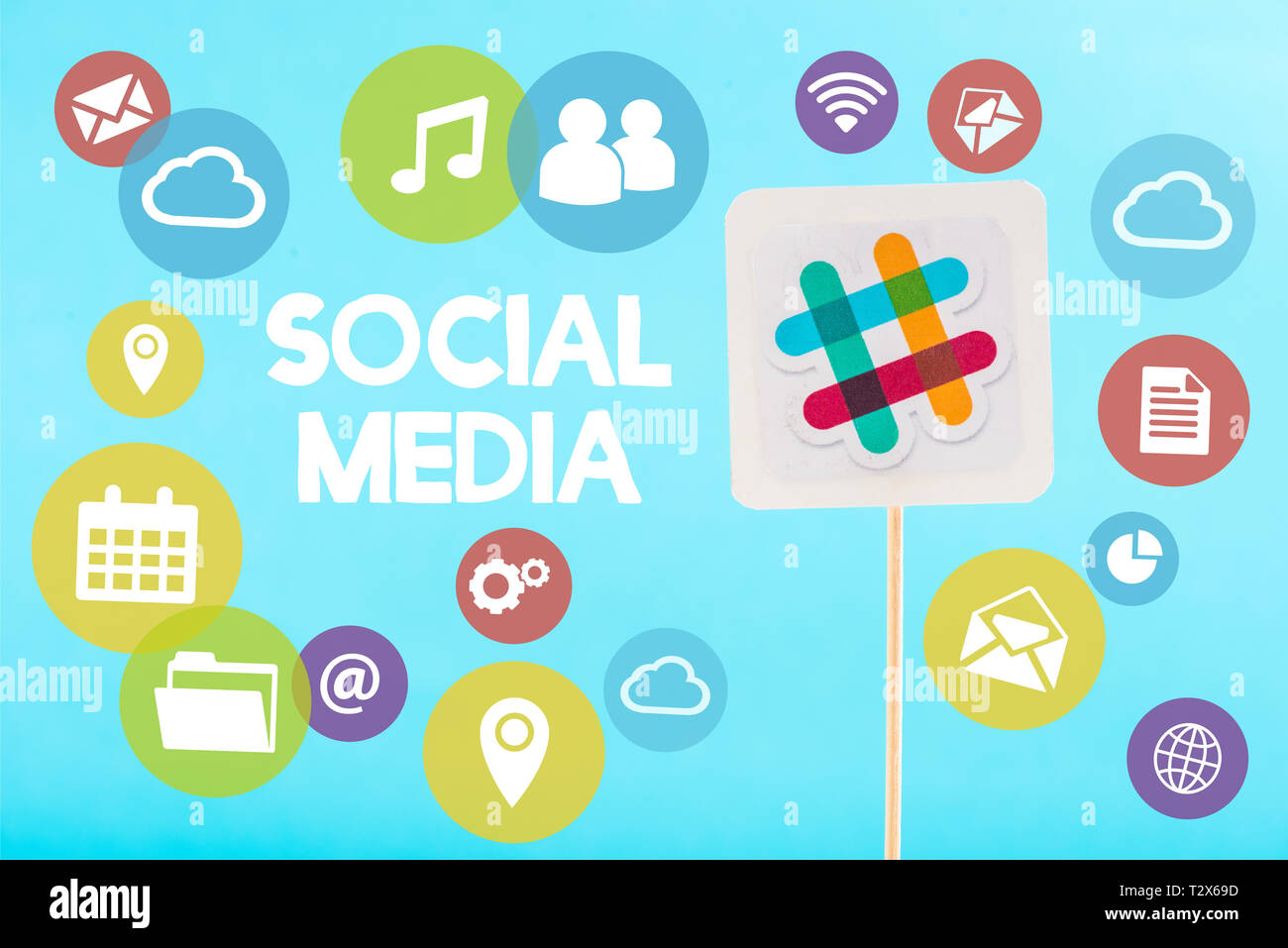 card with slack logo, social media lettering and multicolored icons ...