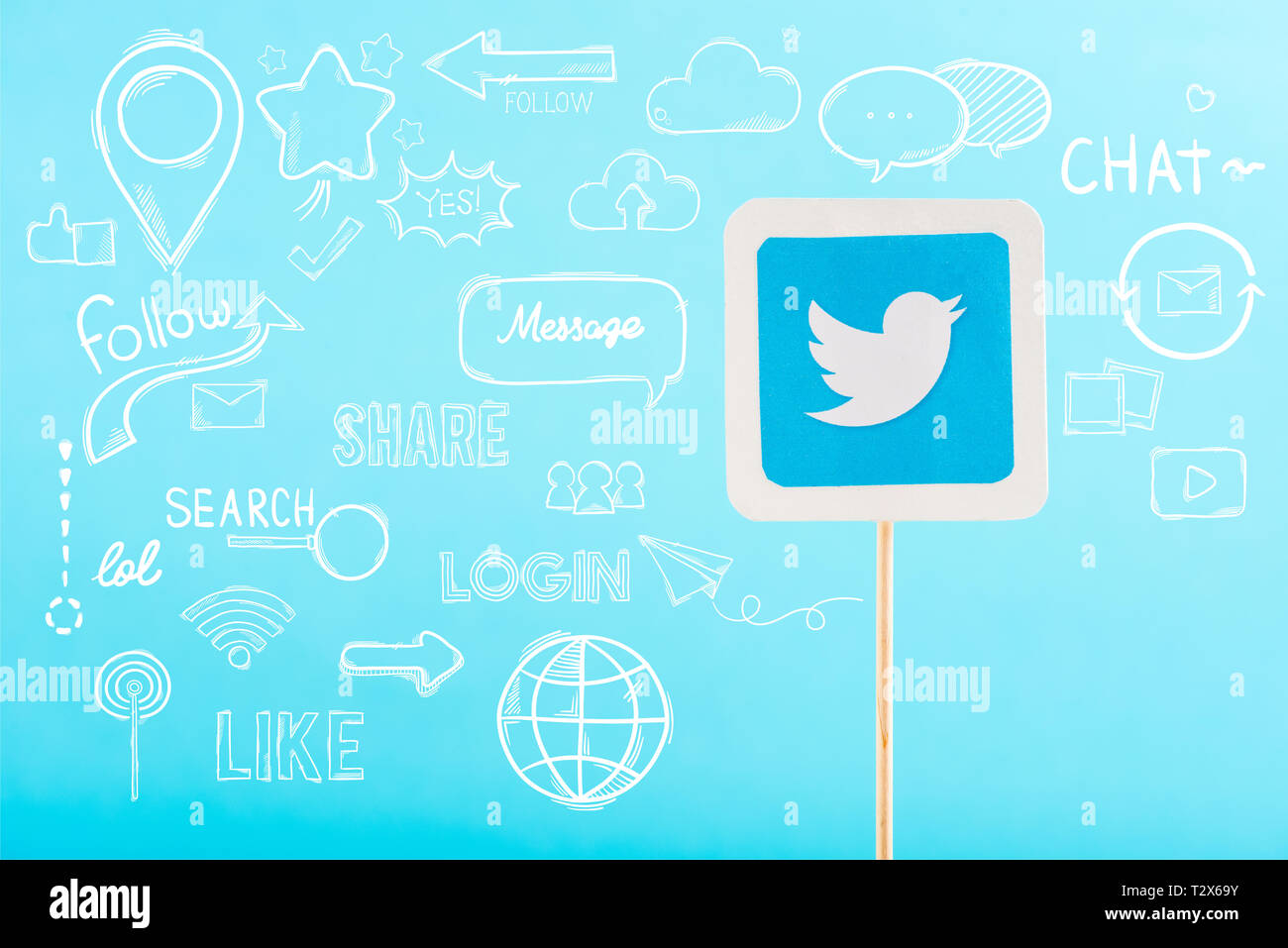 card with twitter logo and social media illustration isolated on blue ...