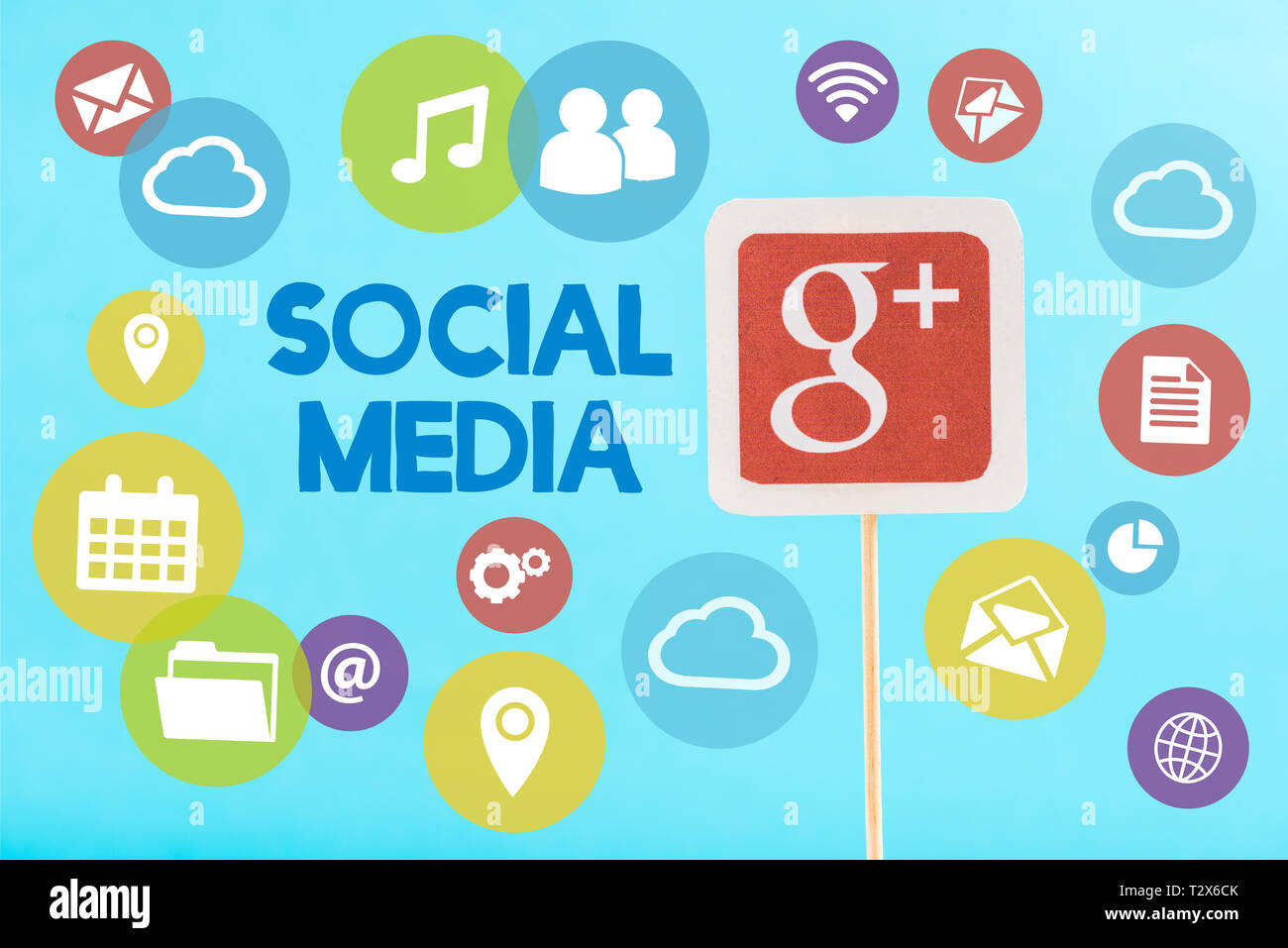 card with google plus logo and social media lettering and icons ...