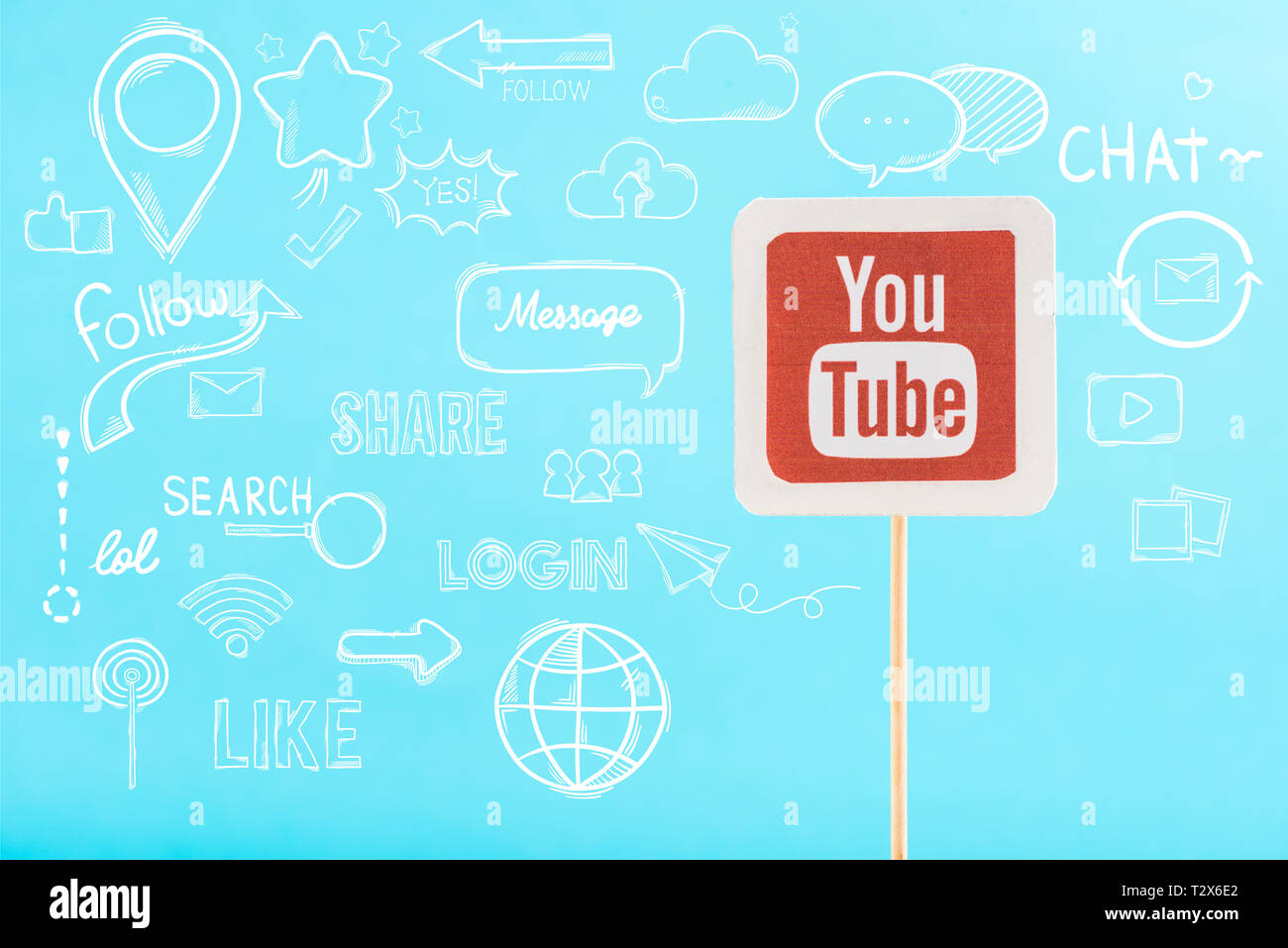 card with youtube logo and social media illustration isolated on blue ...