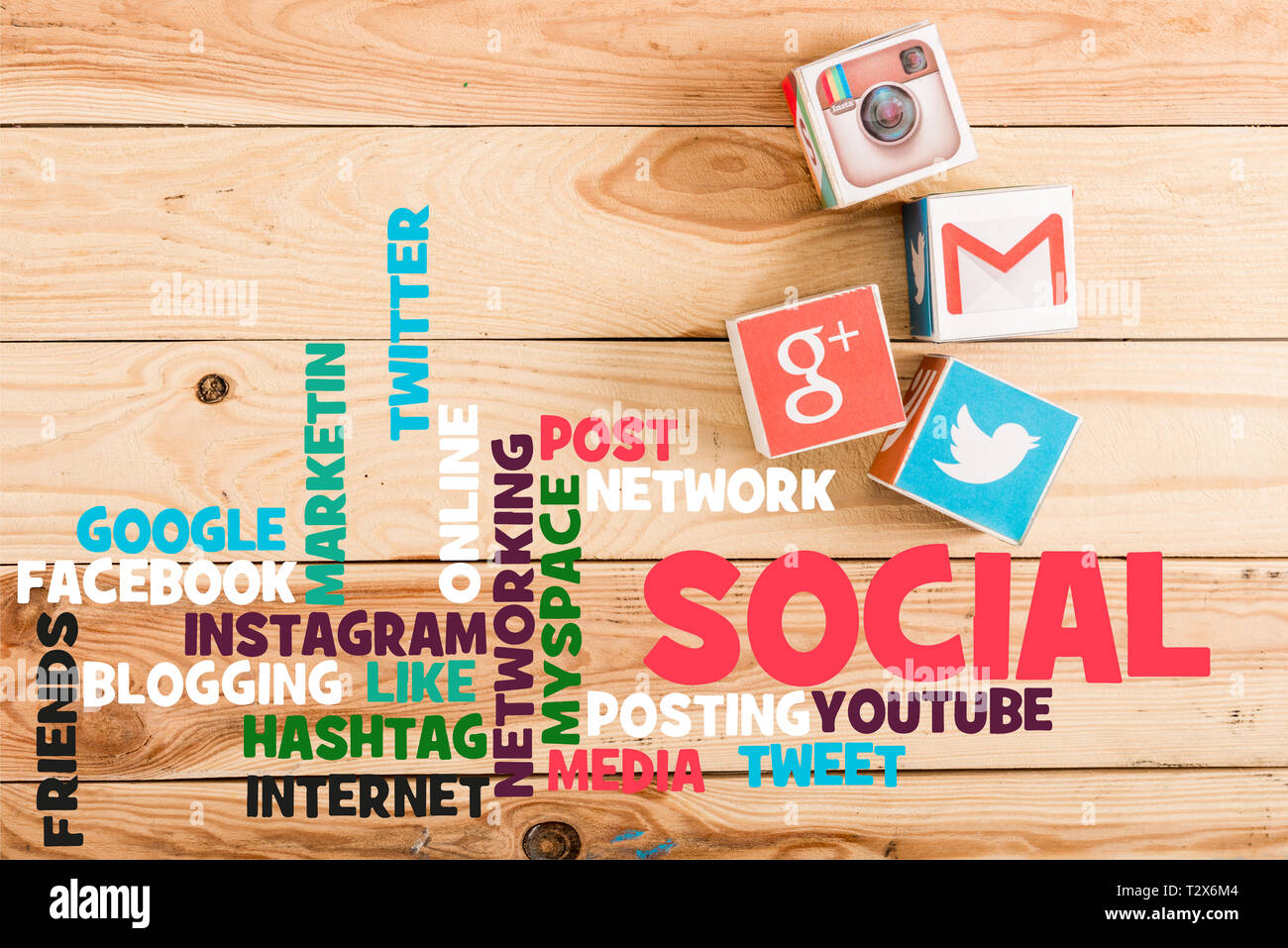 top view of blocks with google plus, gmail, instagram and twitter logo ...