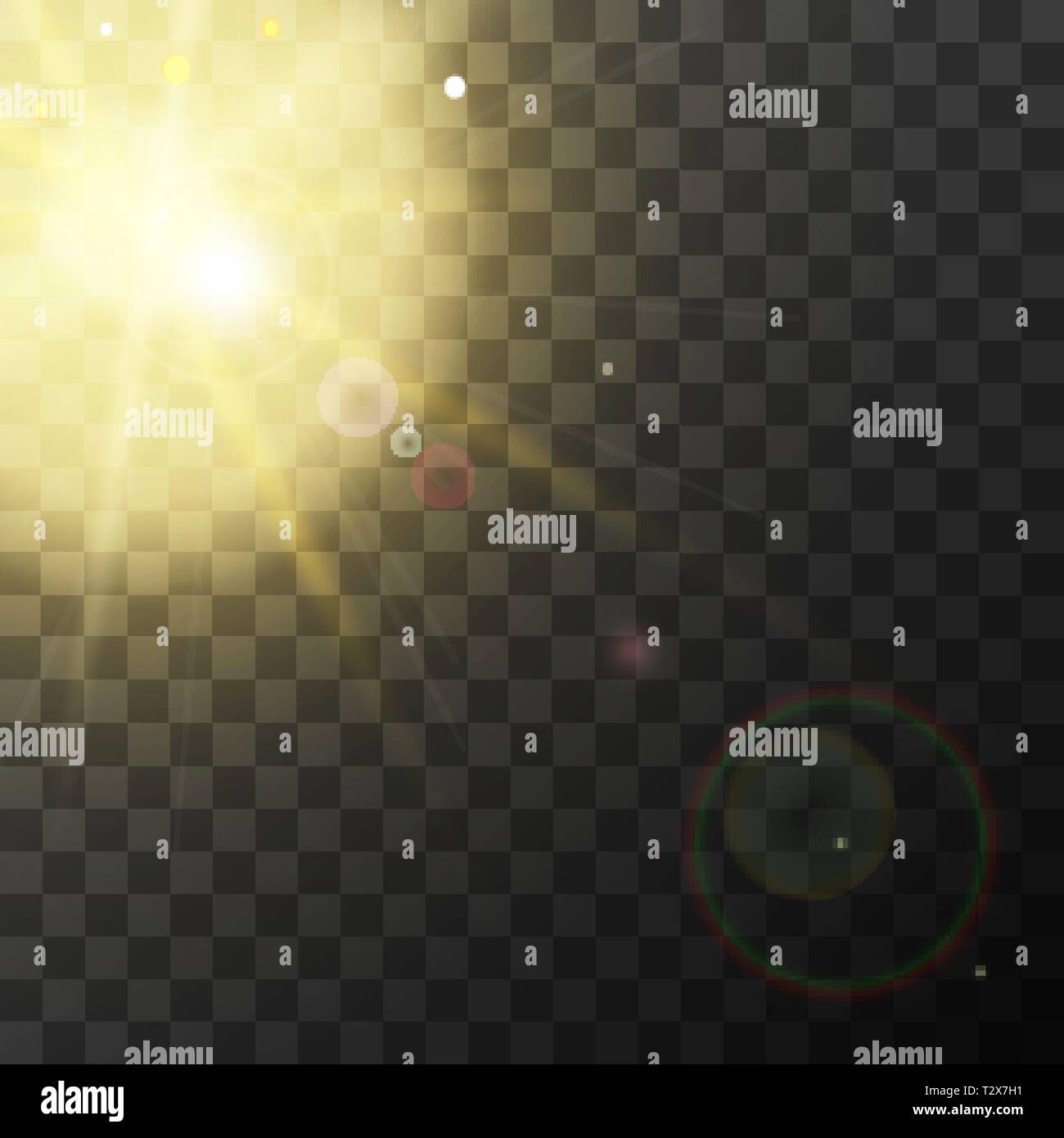 Bright realistic yellow sunbeam effect with lens flare on transparent ...