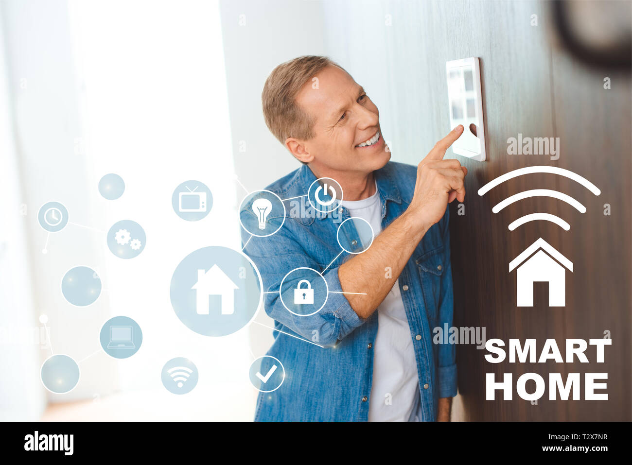 happy man using smart house control panel at new home Stock Photo - Alamy