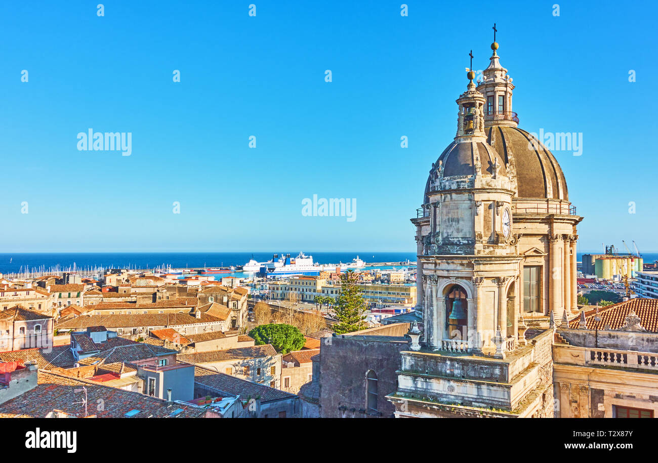 Mediterranean sea and panorama of the old town of Catania with towers ...