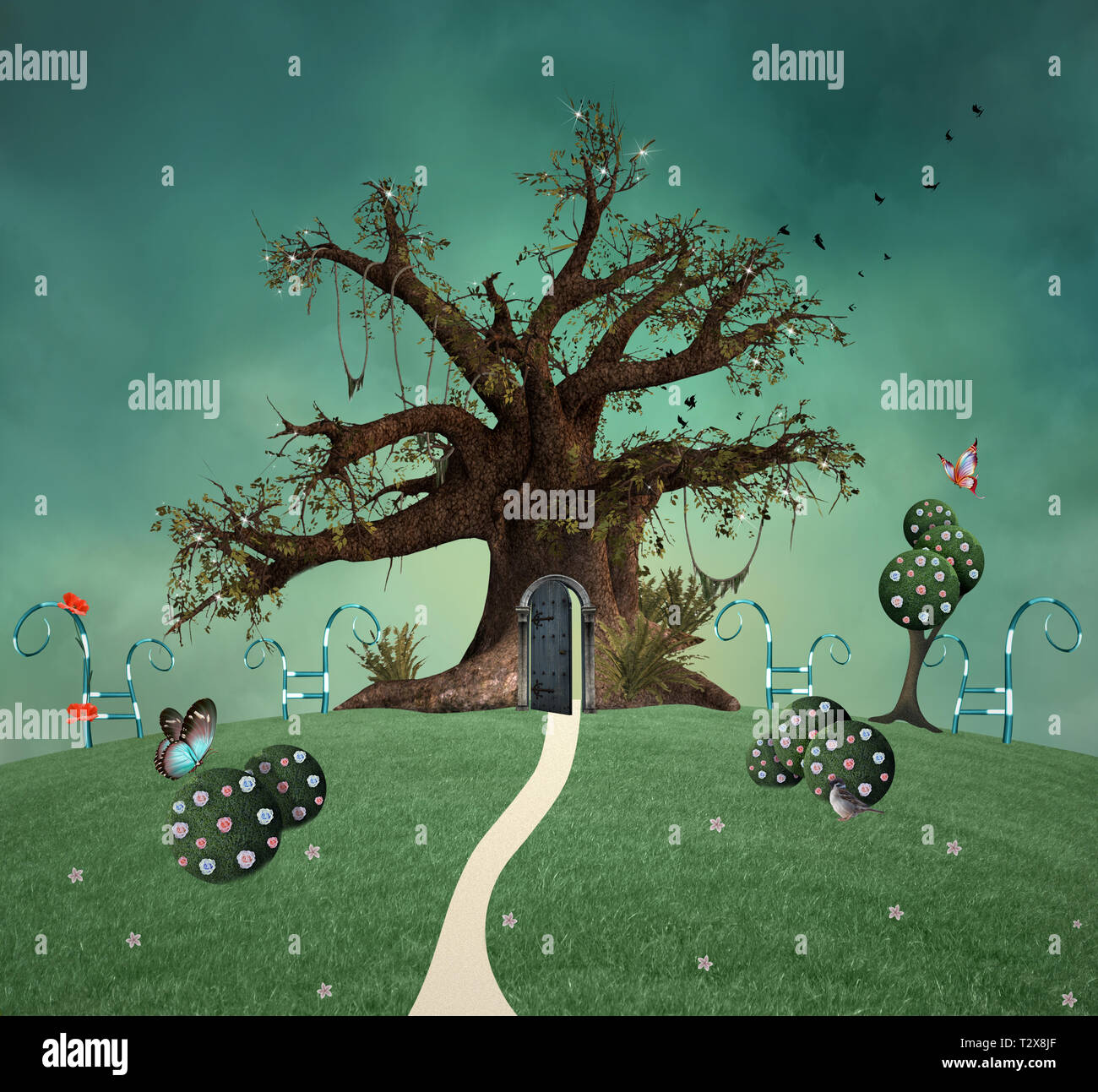 Magic tree with open door in the enchanted green garden Stock Photo - Alamy