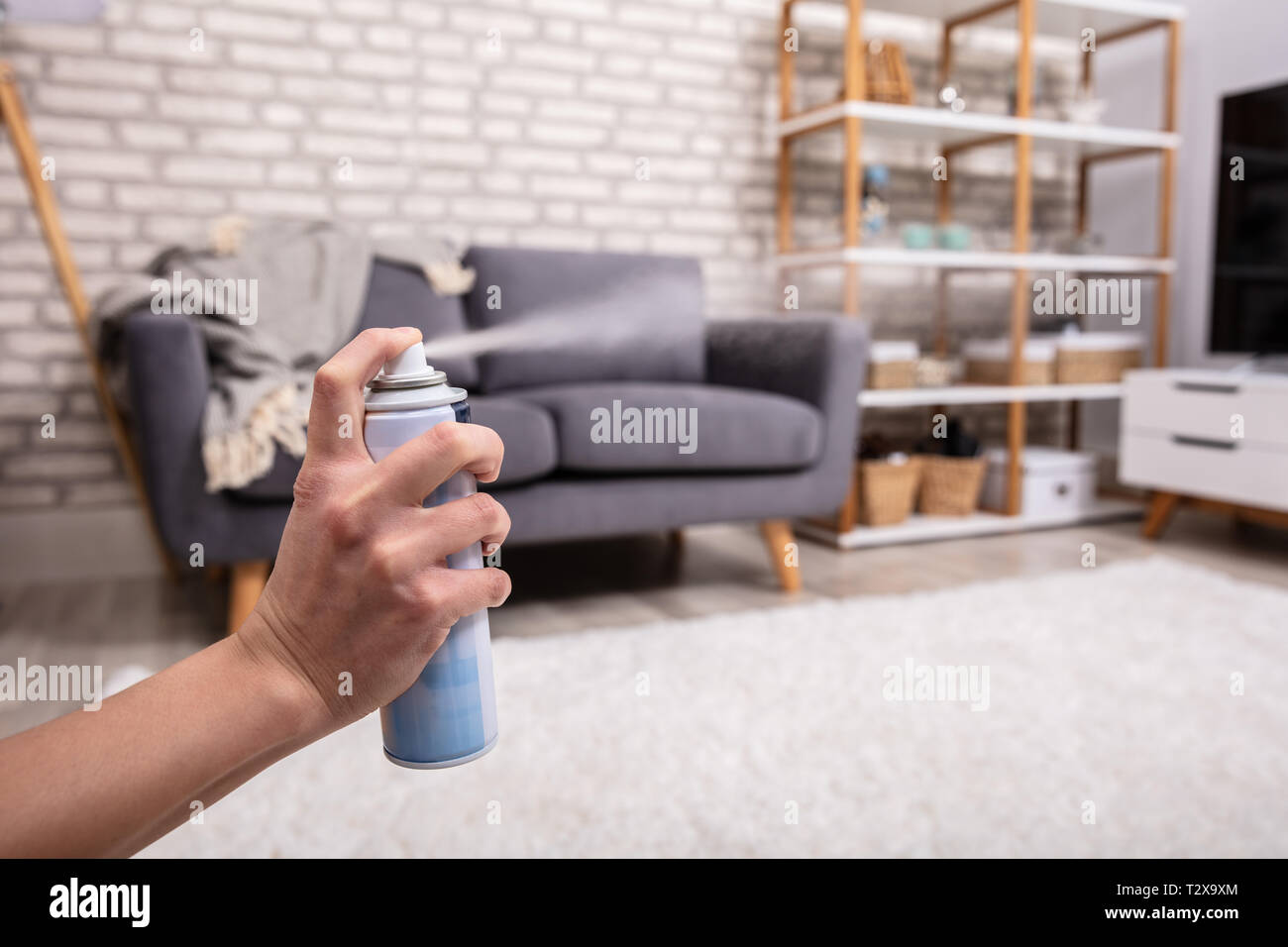 Close-up Of A Human's Hand Spraying Air Freshener In Living Room Stock ...