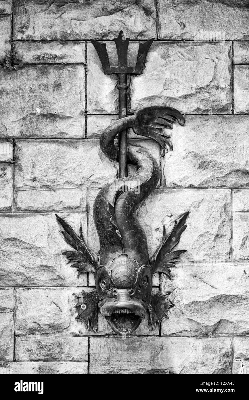 A gargoyle-like fish functions as a drainage pipe, surrounded by ...
