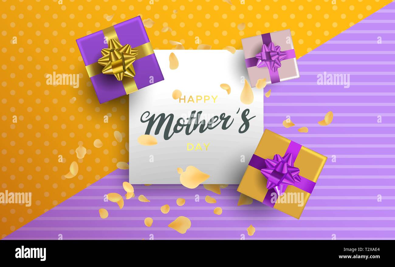 Mothers Day greeting card illustration, realistic 3d gift boxes with ...