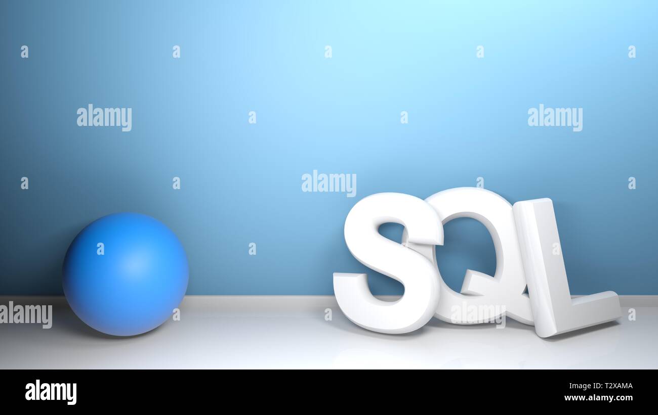 SQL white 3D write at blue wall with blue sphere - 3D rendering Stock ...