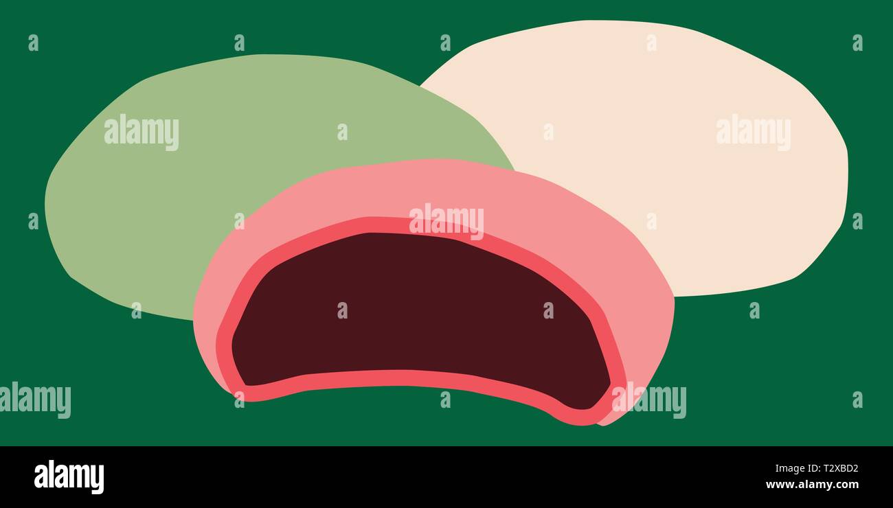 Three flavors of mochi, a Japanese dessert of a rice powder covering ...