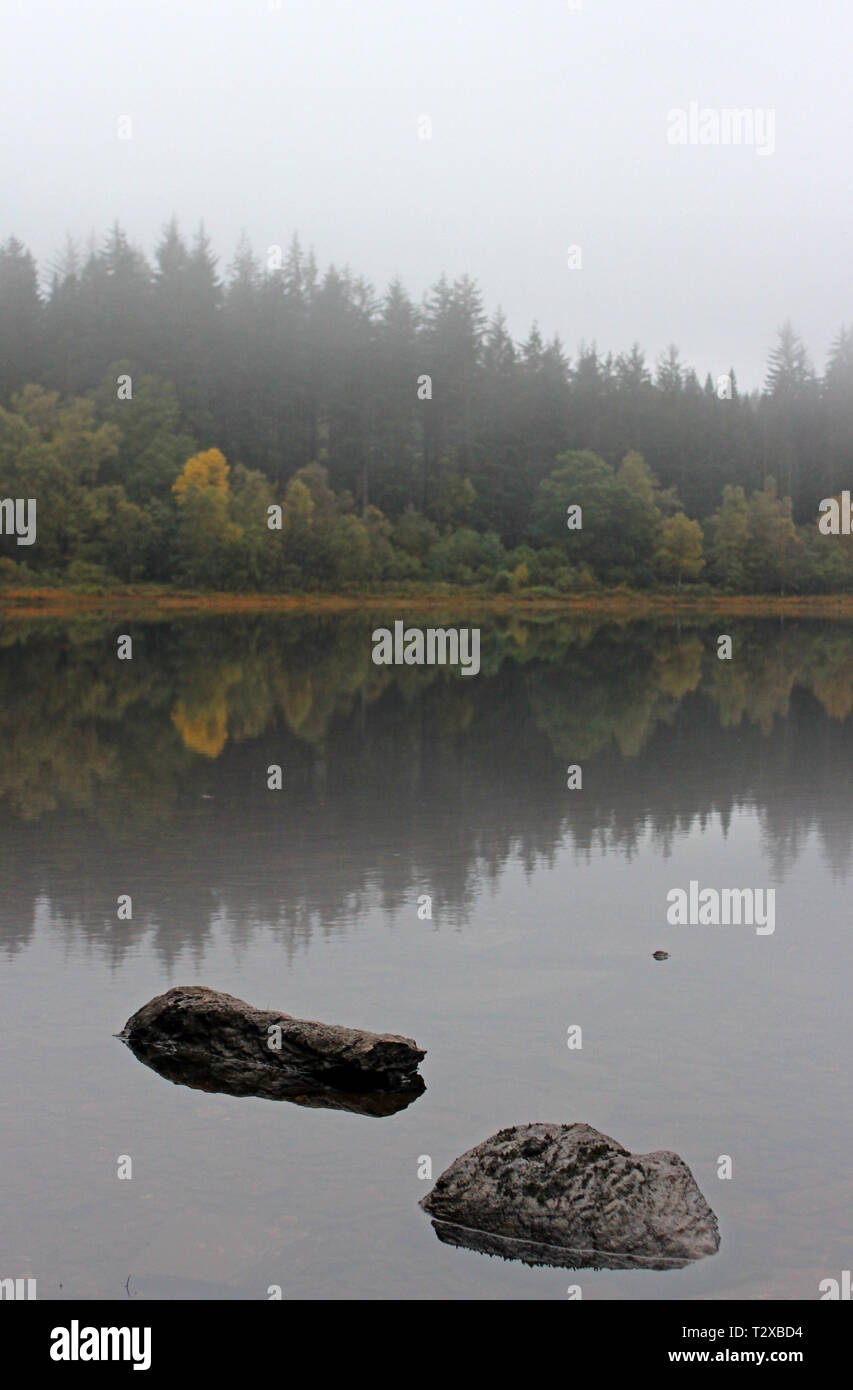 Autumn tree reflections in Loch Achray, Trossachs National Park ...