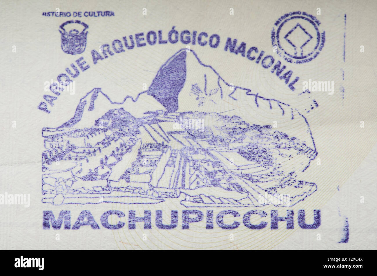 Machu Picchu park stamp on passport page close up view Stock Photo - Alamy