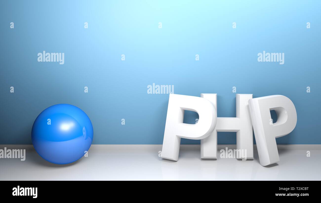 PHP white 3D write at blue wall with sphere - 3D rendering Stock Photo ...