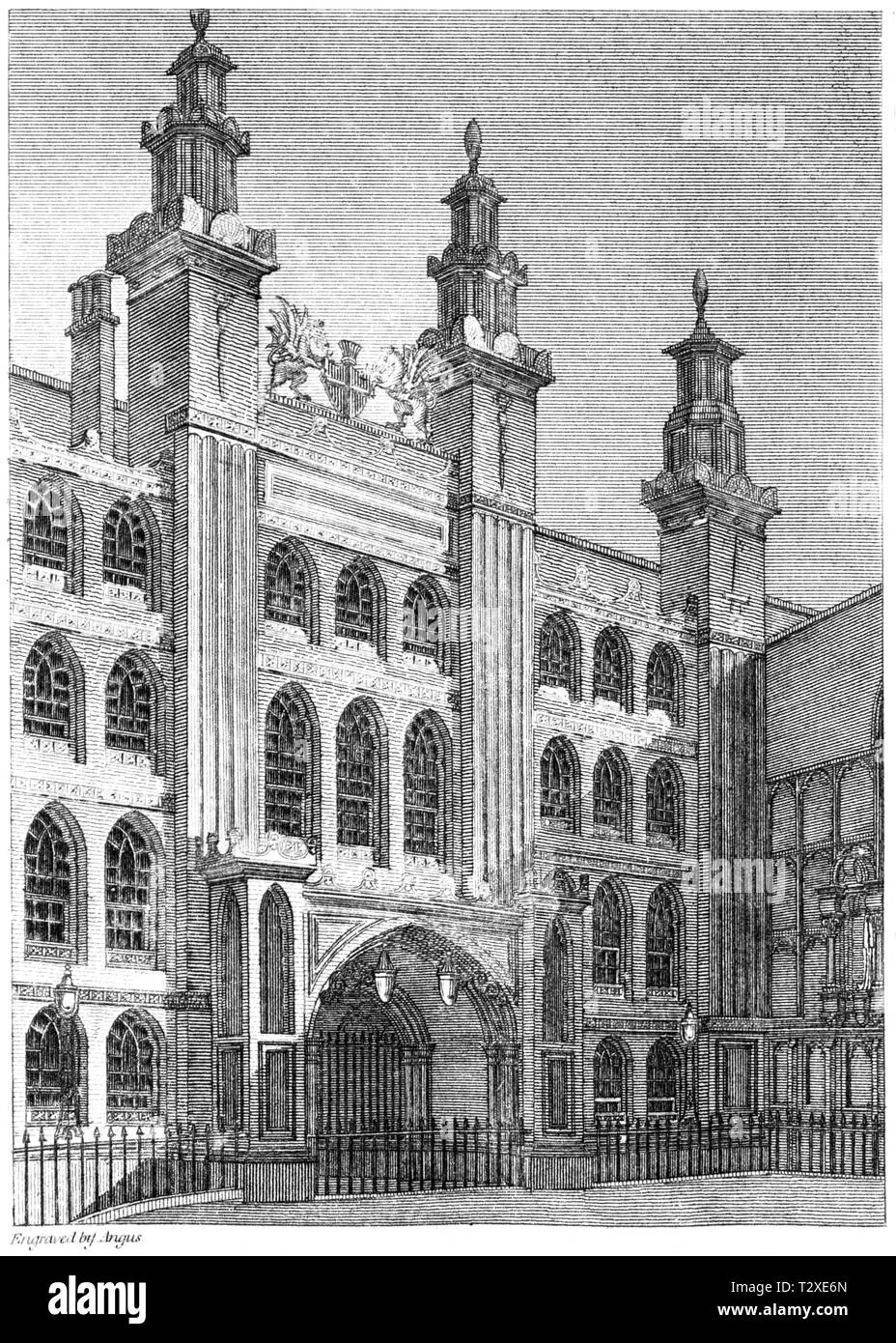 An engraving of Guild Hall (The Guildhall), London UK scanned at high ...