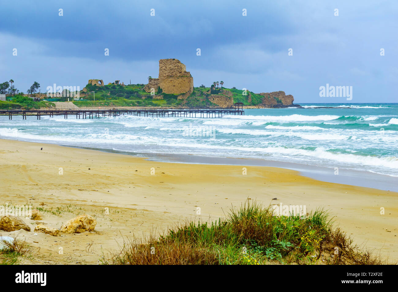 View of the Atlit beach and fortress (Chateau Pelerin), Northern Israel ...