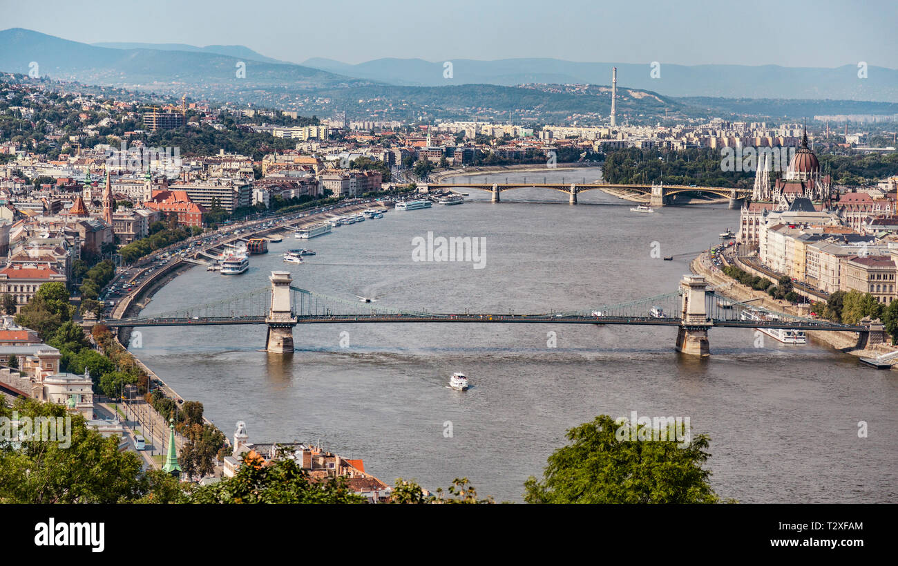 A Budapest city landscape, bridge across Dunau, wide view from Gellert ...