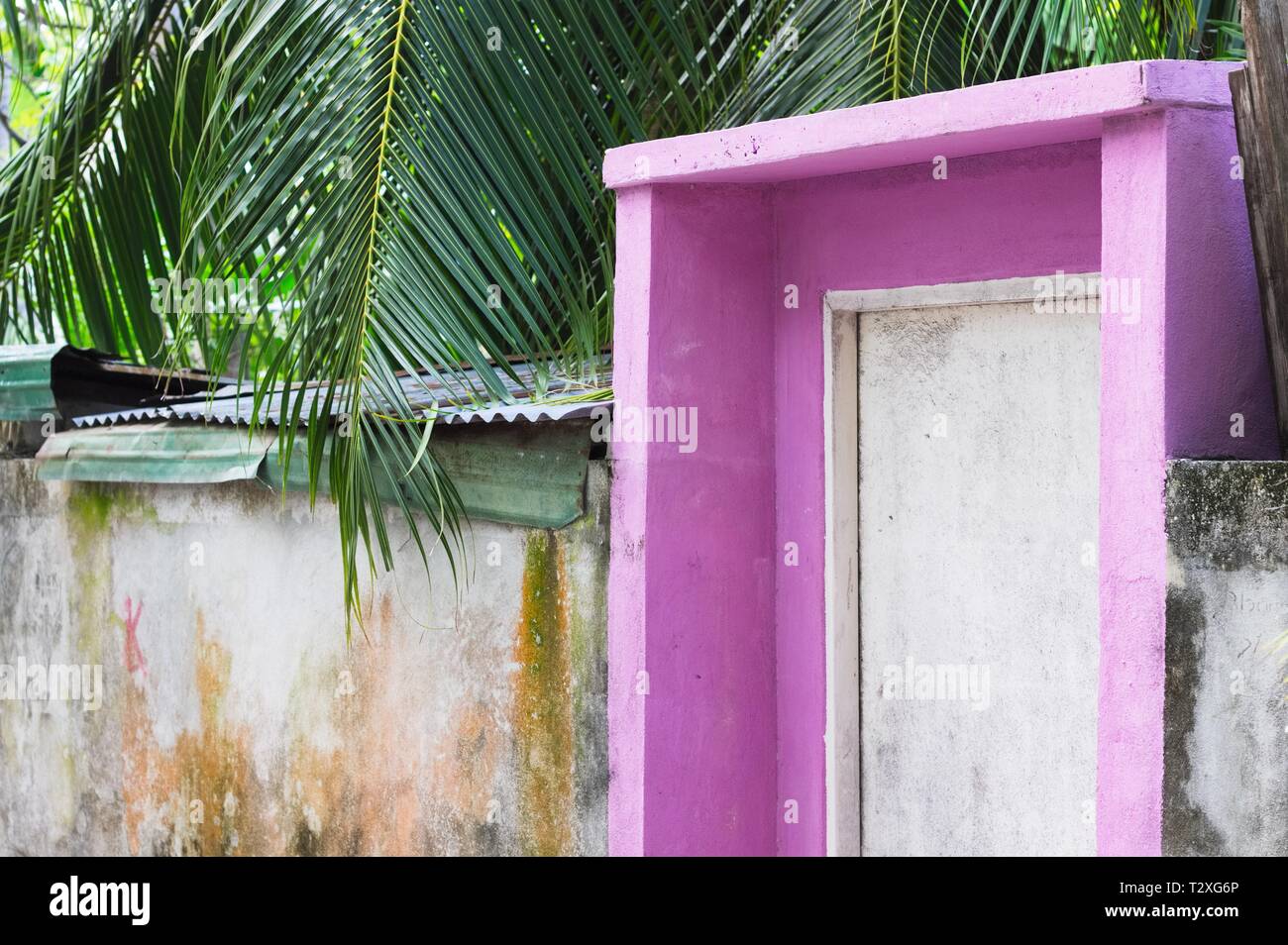 Entrance of a pink house with a white wooden door (Ari Atoll, Maldives ...