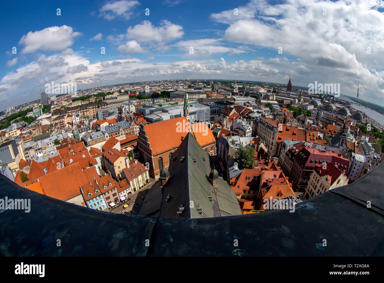 Fisheye aerial view of Riga city from st. Peter's church in Latvia ...