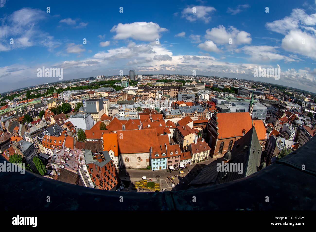 Fisheye aerial view of Riga city from st. Peter's church in Latvia ...