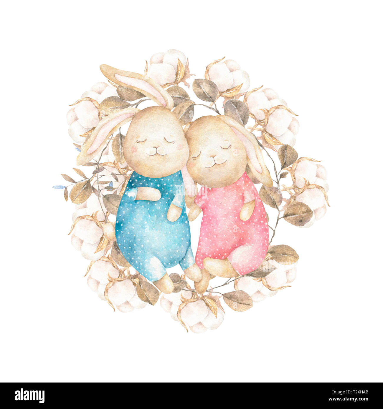 Two cute Rabbits and cotton. Watercolor Easter art print. Hand drawn ...
