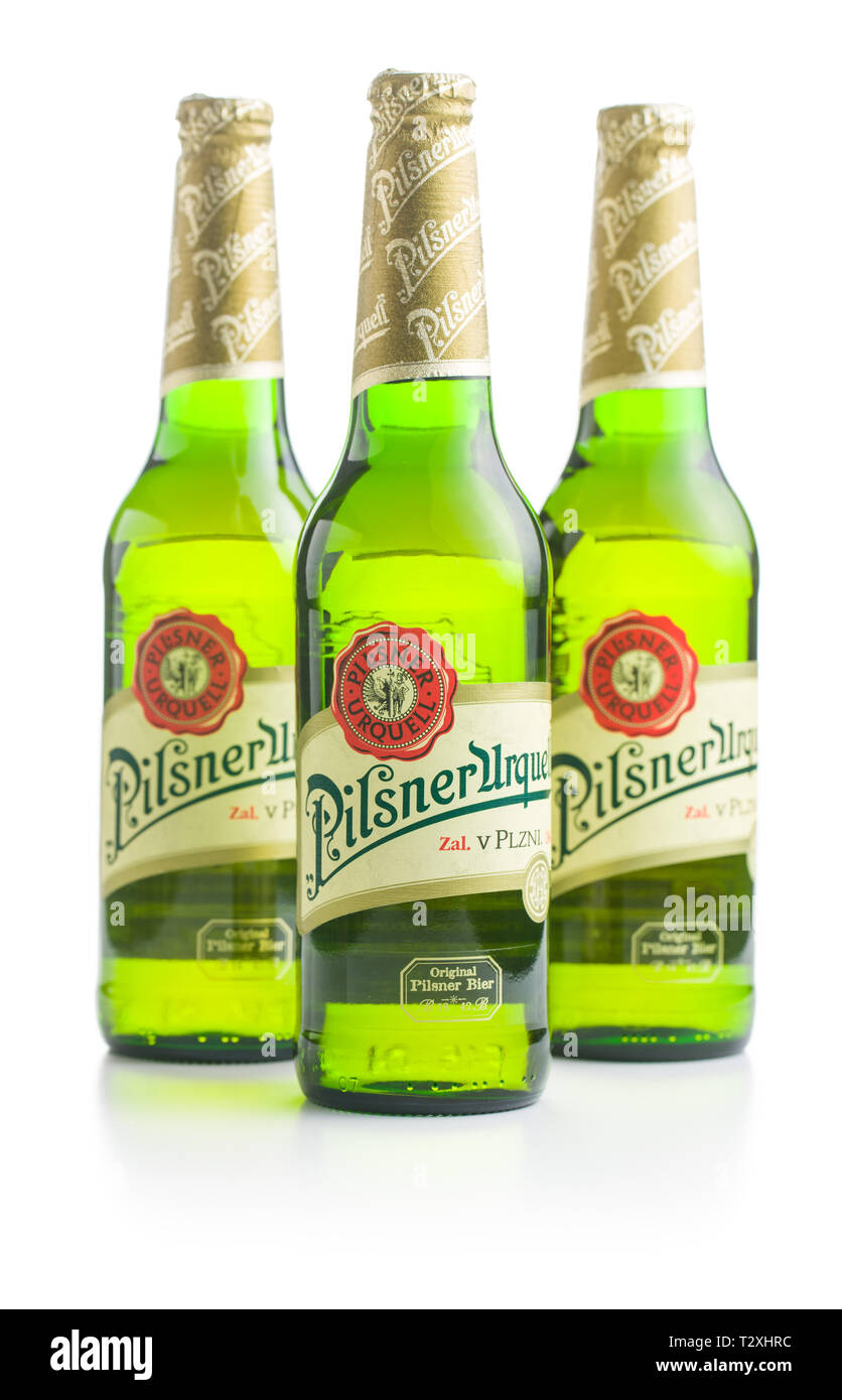 Pilsner Urquell lager beer bottle isolated on white background. Pilsner ...