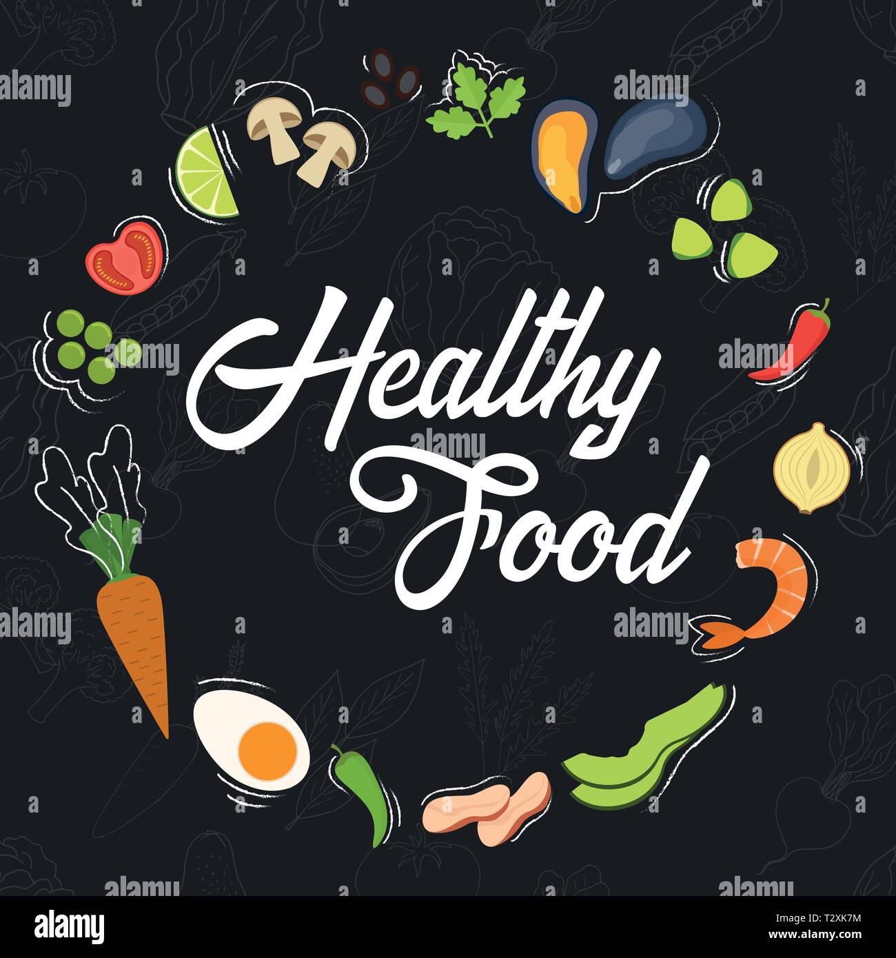 Healthy food product label. Flat style frame with vegetables ...