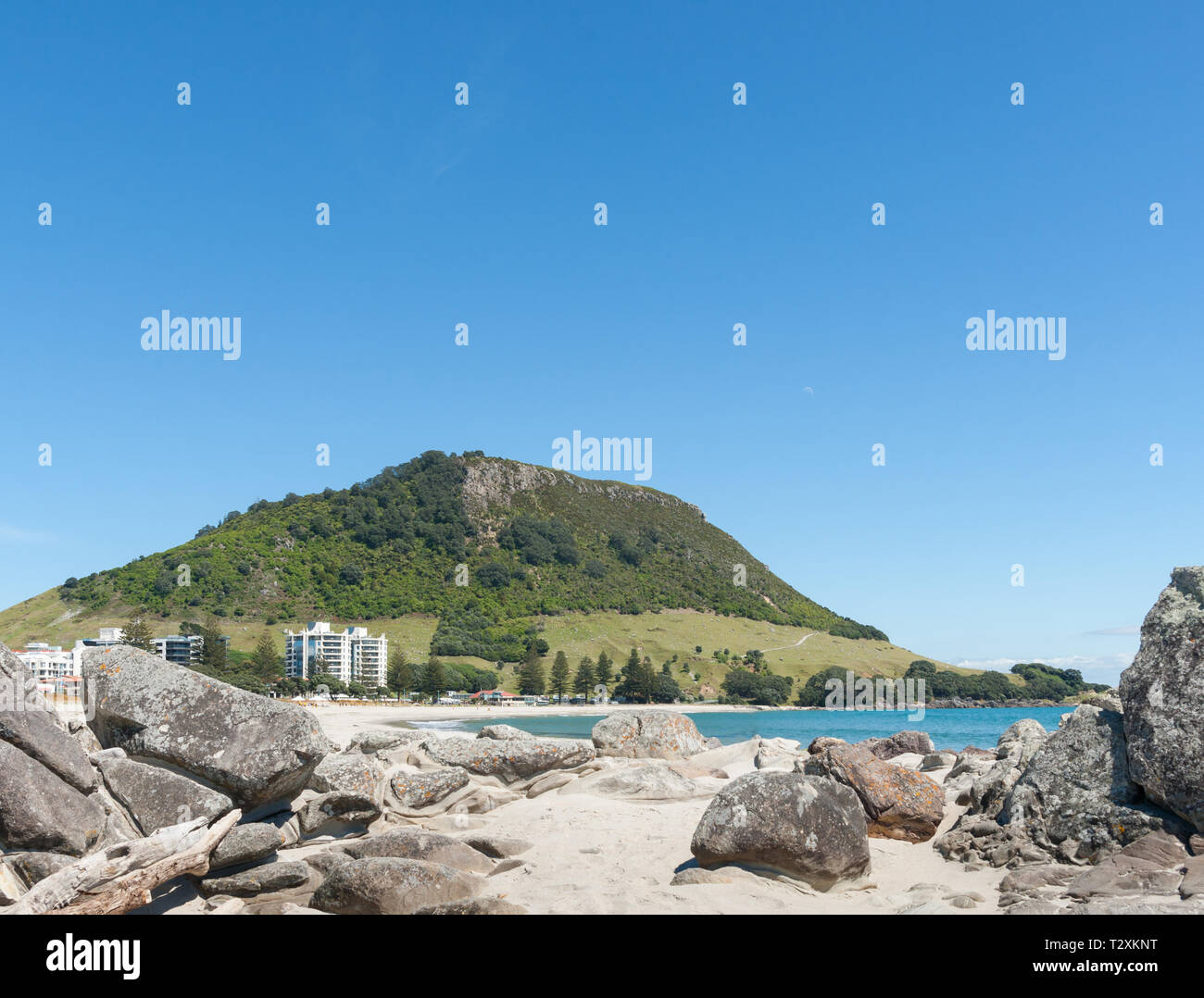 Mount Maunganui beach and landmark from rocky foreshore of Leisure ...