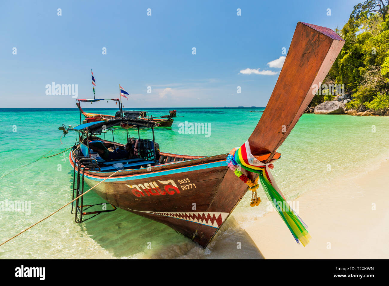 February 2019. Ko Rawi Thailand. A view of long tail boats on Ko Rawi ...