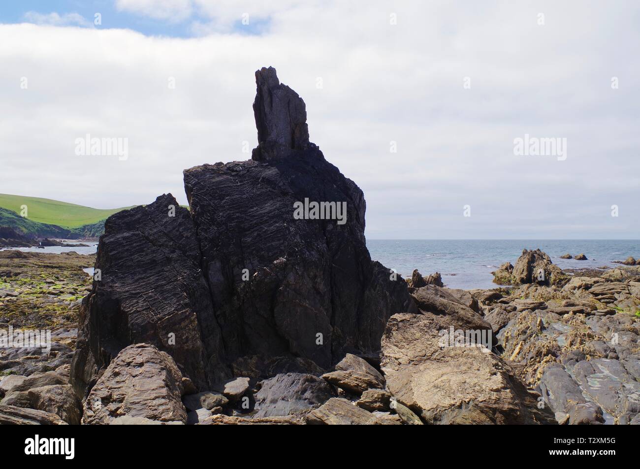 Slate Sea Stack at Woolman Point, Hope Cove, South Devon, UK Stock ...