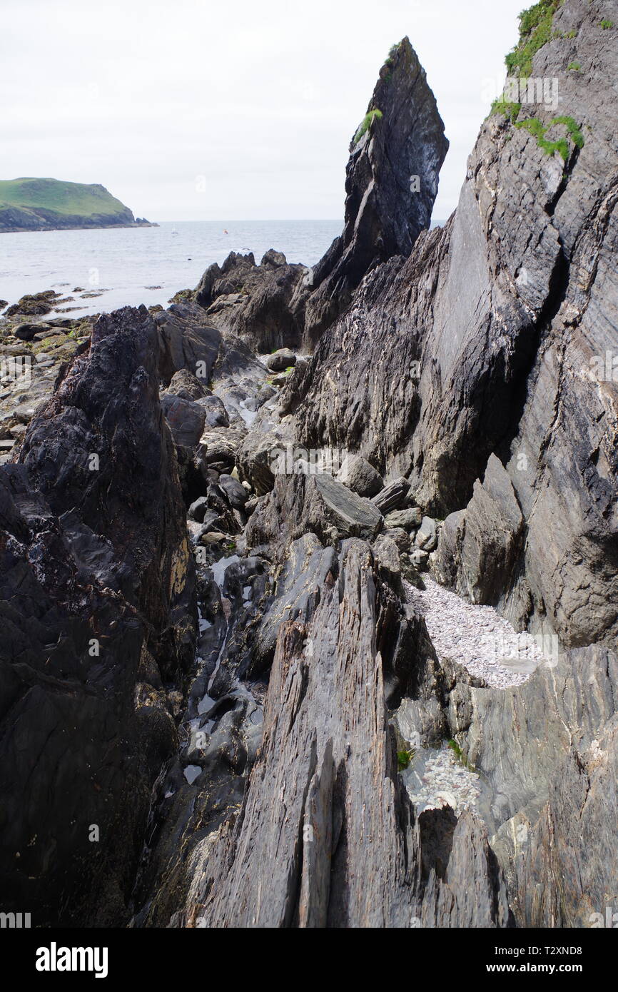 Slate Sea Stack at Woolman Point, Hope Cove, South Devon, UK Stock ...