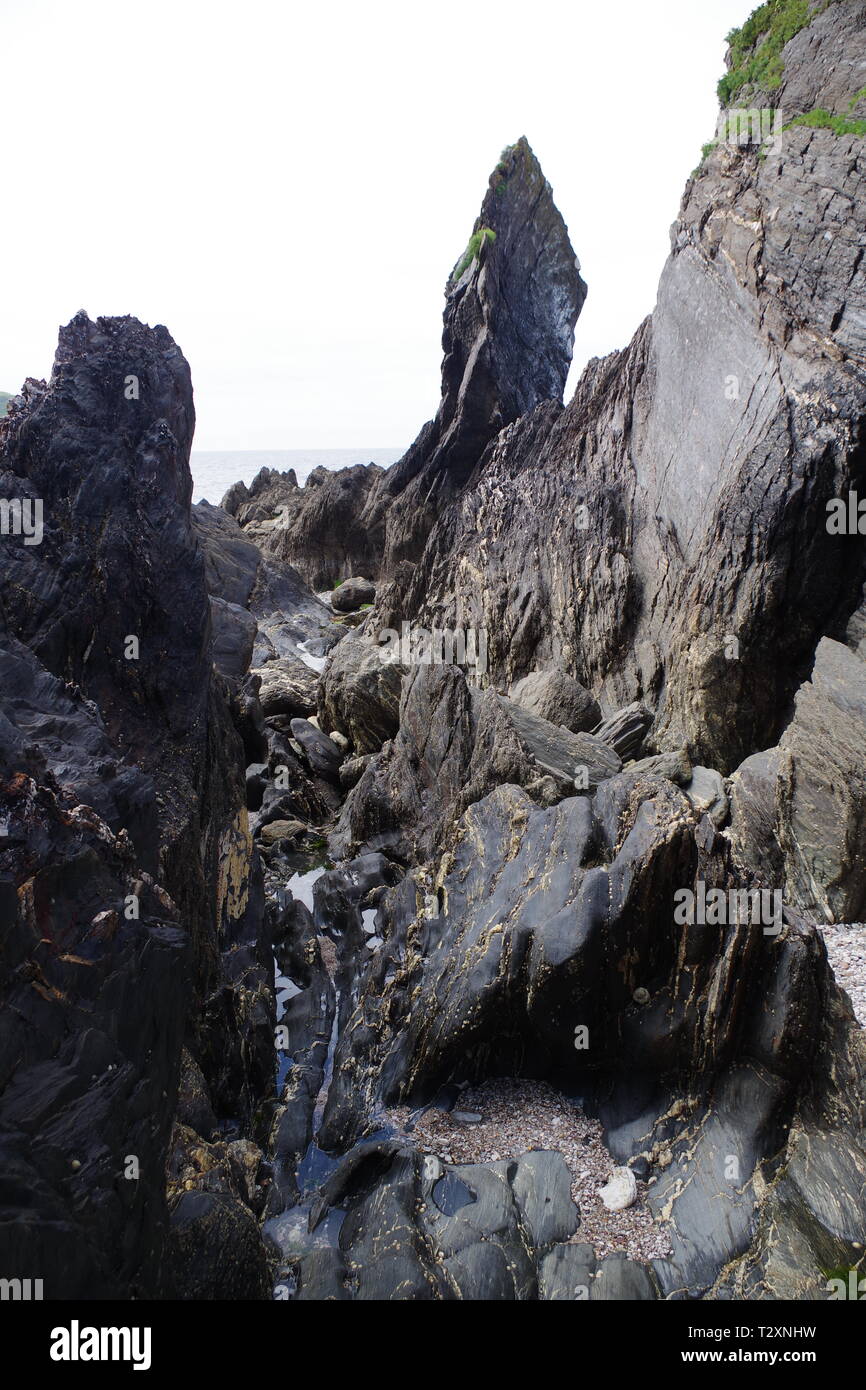Slate Sea Stack at Woolman Point, Hope Cove, South Devon, UK Stock ...