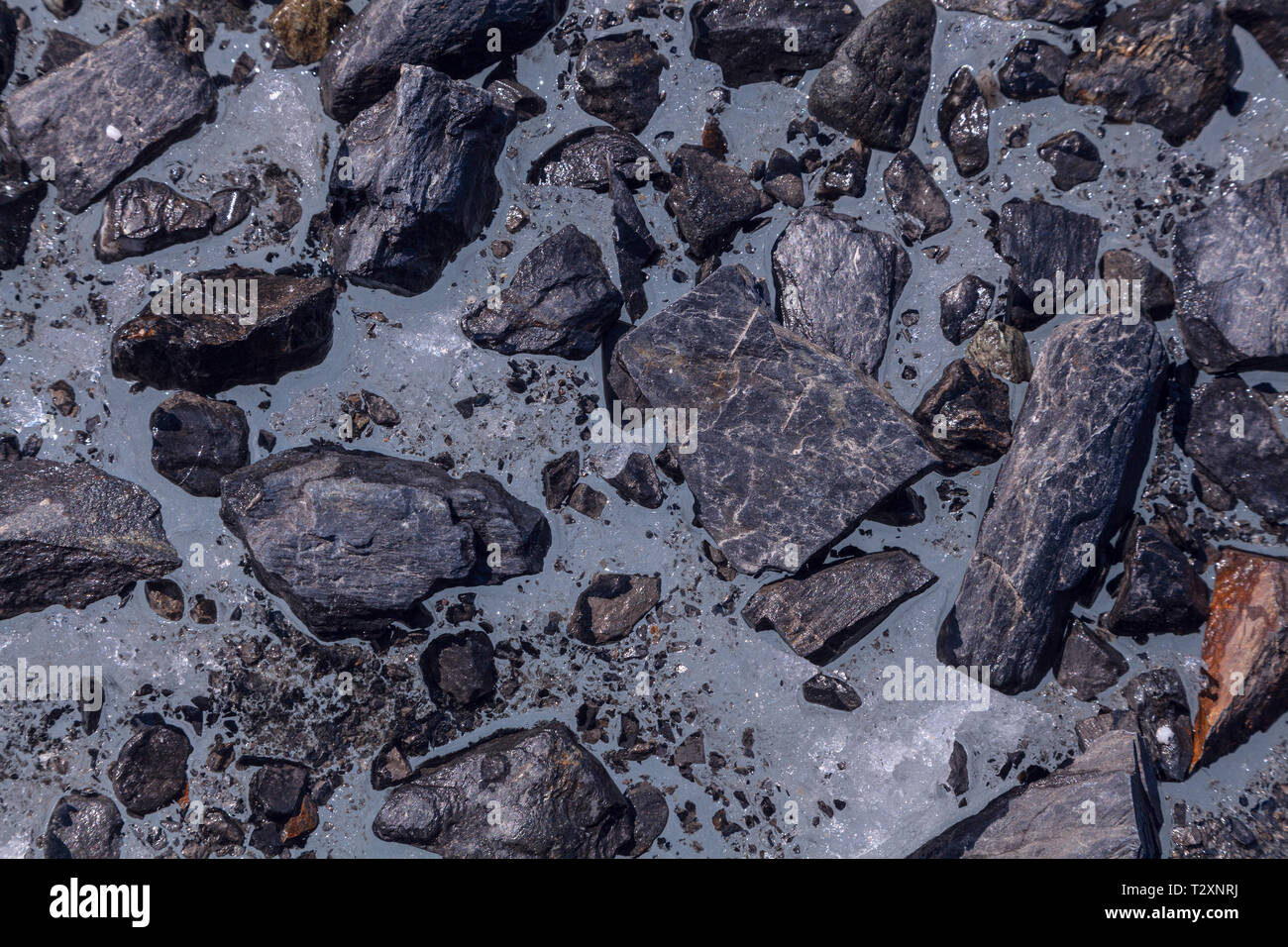Rocks and silt, deposited by glacial action, litter the icy surface of ...